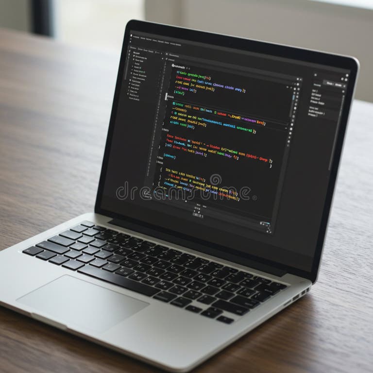 Open Laptop on a Wooden Table Displays a Code Editor with Programming Code. Stock Illustration ...