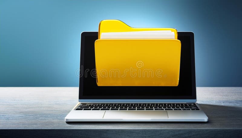 Open Laptop with Yellow Folder Icon on Screen. 3D Rendering Stock ...
