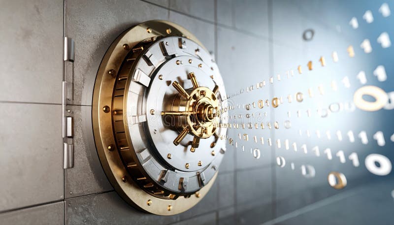 Open Large Bank Vault Door with Digital Binary Code Stream Representing ...