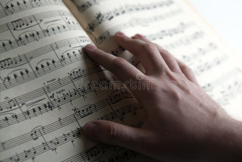 Open Large Music Book and Human Hand Stock Image - Image of compose ...