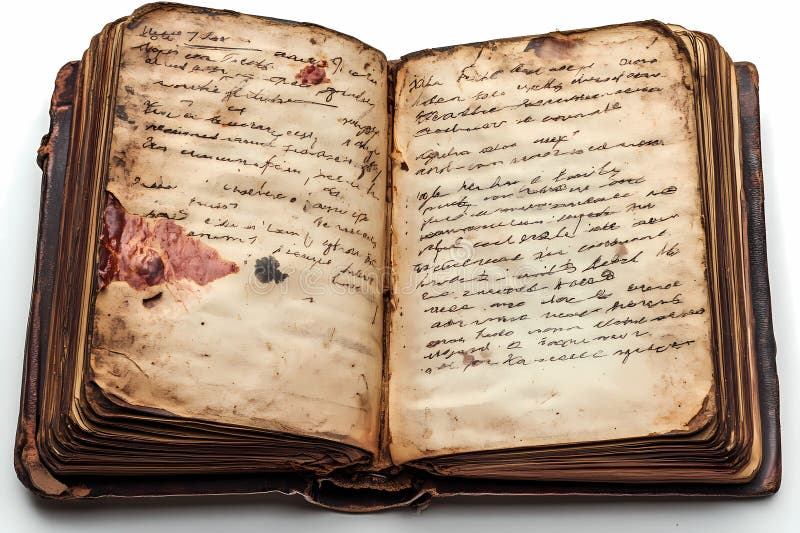 An Open, Leather-bound Book with Handwritten Pages, Covered in Stains ...