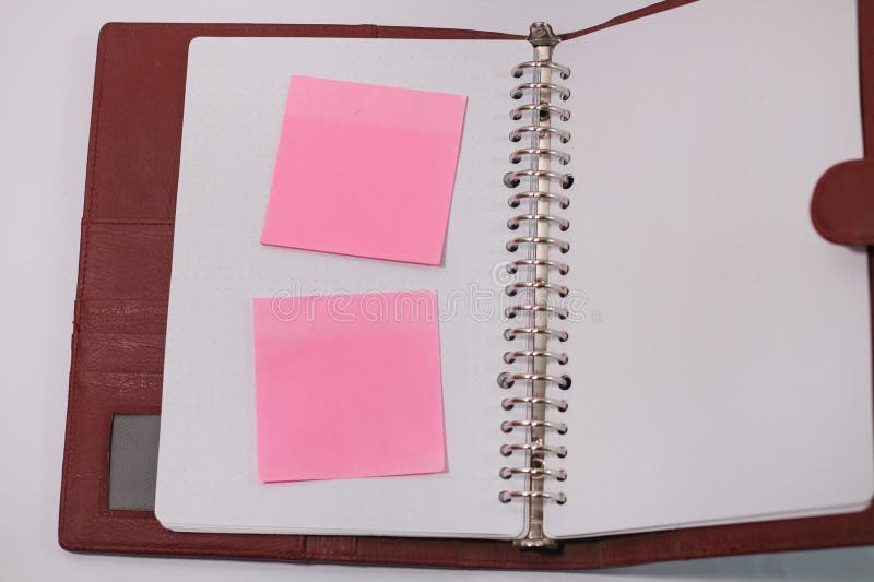Open Leather-Bound Notebook with Pink Sticky Notes Stock Illustration ...