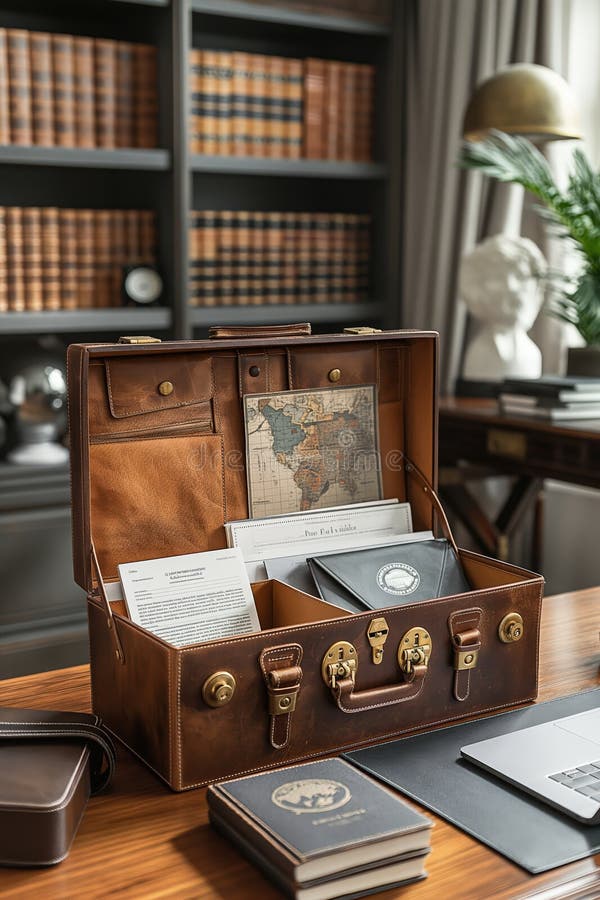 Leather Briefcase Open on Desk with Documents and Map Inside Stock ...
