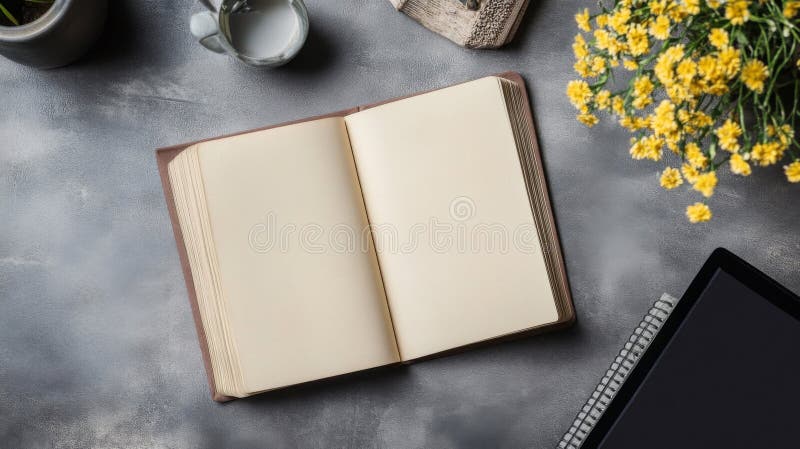 Open Leather Notebook on Gray Background with Accessories Stock ...