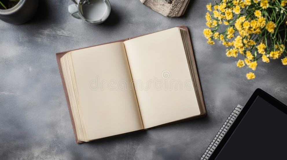 Open Leather Notebook on Gray Background with Accessories Stock ...