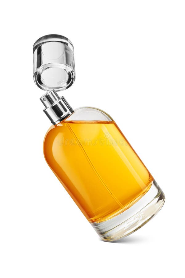 Open Levitated Glass Perfume Bottle with Yellow Liquid Isolated on ...