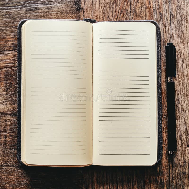 Open Lined Notebook with Black Pen on Rustic Wooden Table for Writing ...