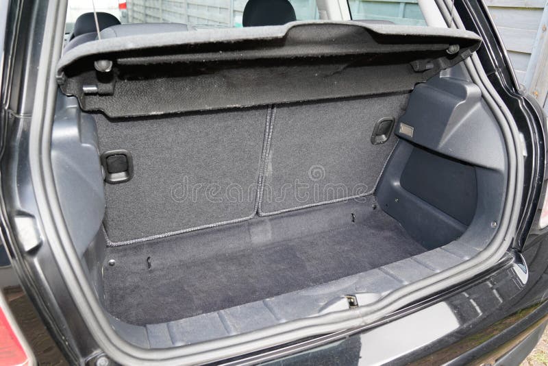 Open Little Black Trunk Rear in Modern Small Black City Car Stock Photo ...