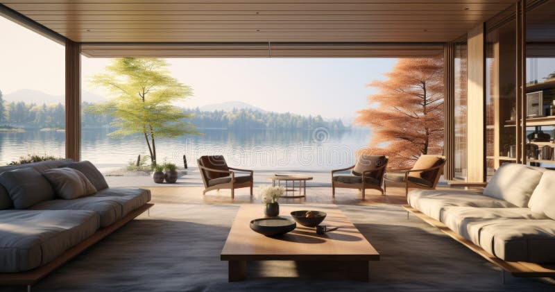Open Living Room with Modern Architecture and a View Stock Illustration ...
