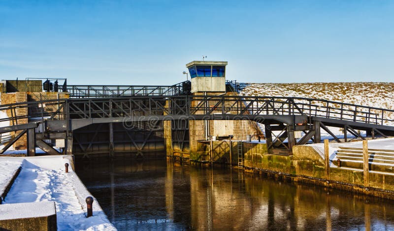 Open Lock Gate and Small Bridge Stock Image - Image of water, weather ...