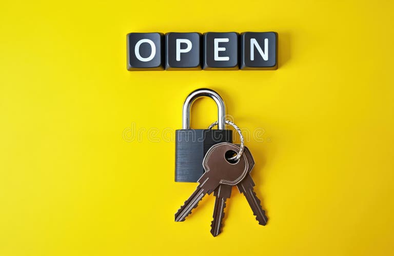 Open Lock with Keys on Yellow Background. Concept of Open Access ...