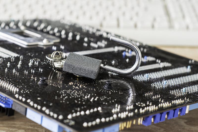 The Open Lock Lies on the Computer`s Motherboard the Concept of ...
