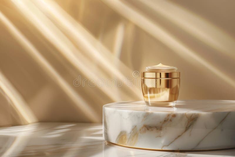 Open Luxurious Golden Beauty Cream Jar Placed on a Marble Stand with ...