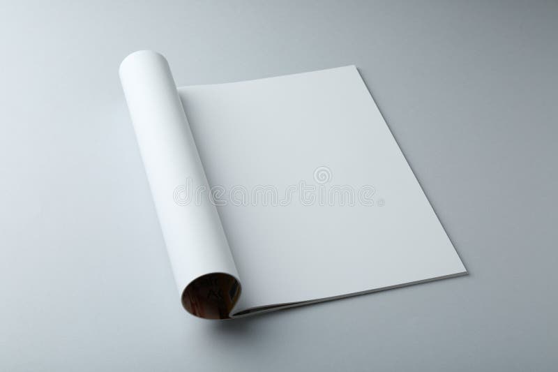 Open Magazine with Blank Page on Grey Background. Mockup for Design ...