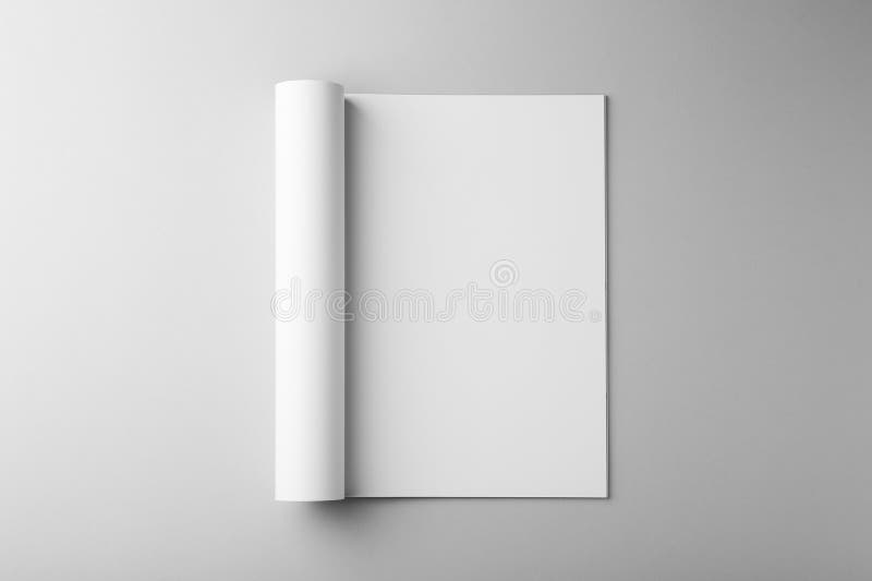 Open Magazine with Blank Page on Grey Background, Top View. Mockup for ...