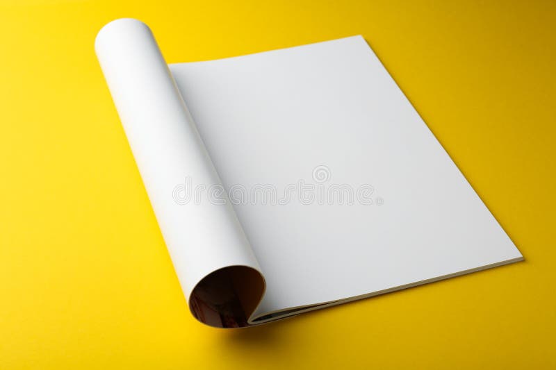 Open Magazine with Blank Page on Yellow Background, Closeup. Mockup for ...