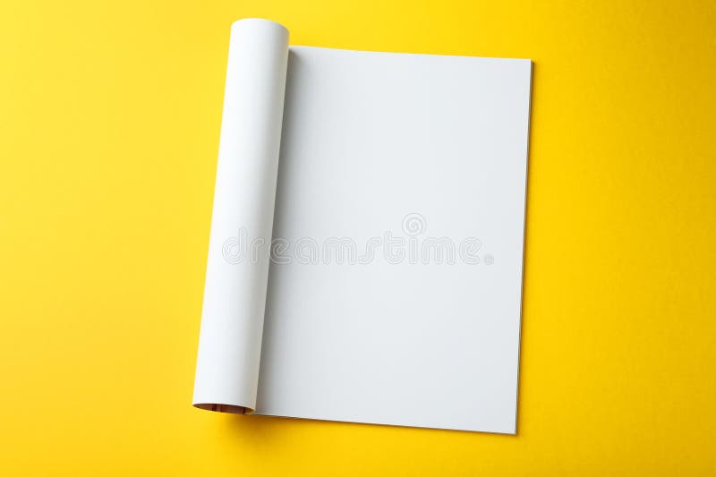 Open Magazine with Blank Page on Yellow Background, Top View. Mockup ...