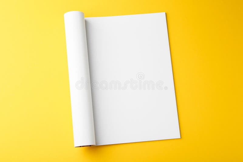 Open Magazine with Blank Page on Yellow Background, Top View. Mockup ...