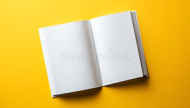 Open Magazine with Blank Page on Yellow Background, Top View. Mockup ...