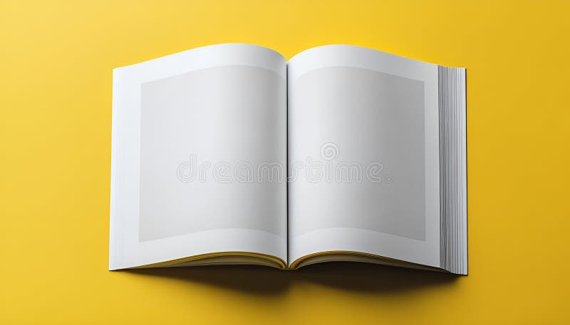 Open Magazine with Blank Page on Yellow Background, Top View. Mockup ...