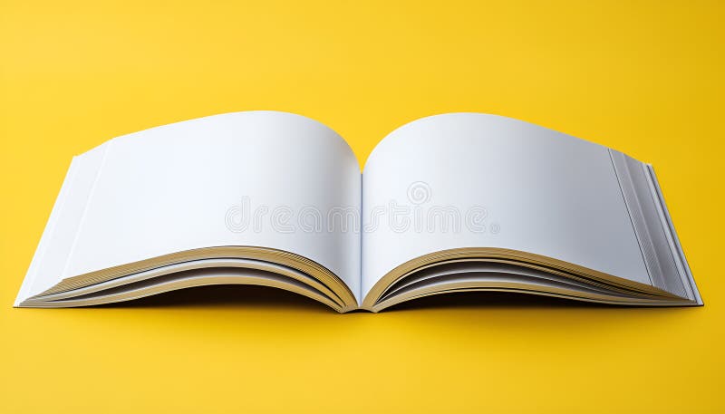 Open Magazine with Blank Page on Yellow Background, Top View. Mockup ...