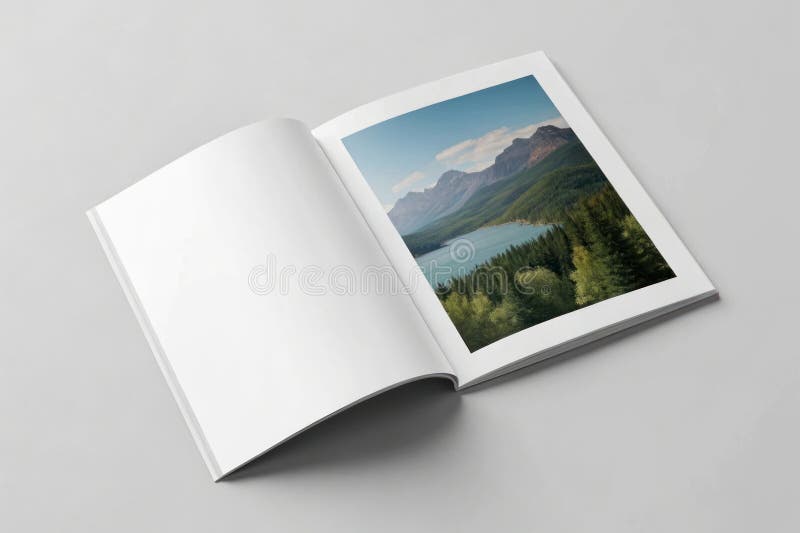 Open Magazine Mockup with Blank Page and Landscape Photo Stock ...