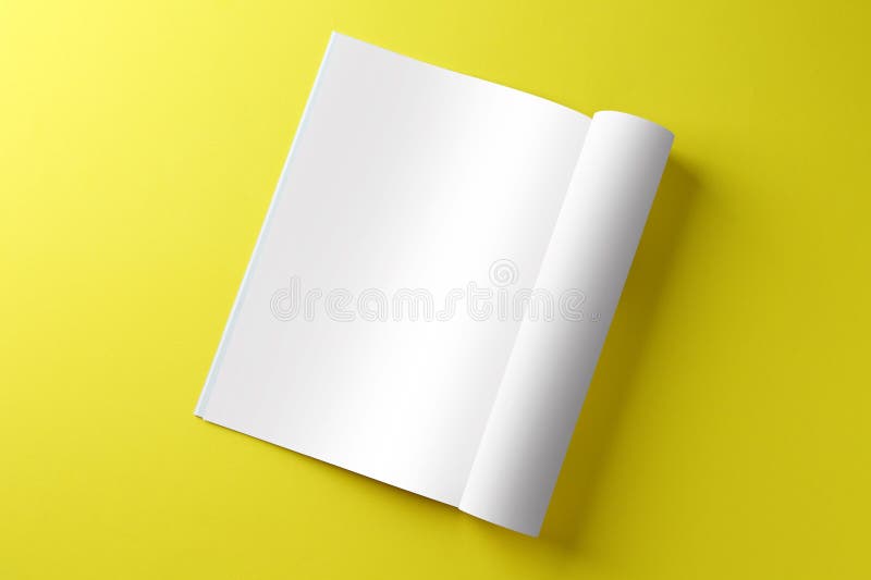 Open Magazine on Yellow Background, Top View. Mockup for Design Stock ...
