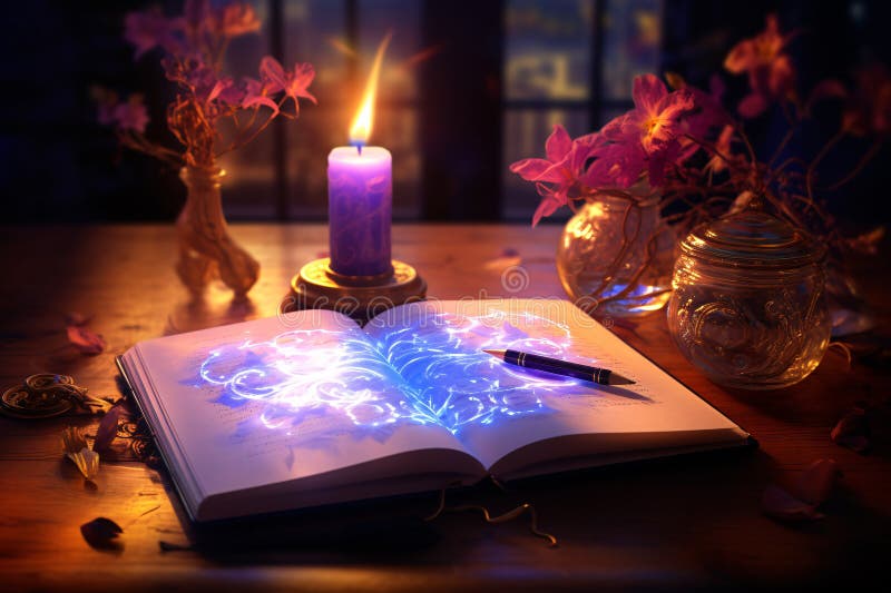 An Open Magic Book and a Candle Cast a Warm Glow on the Table, Inviting ...