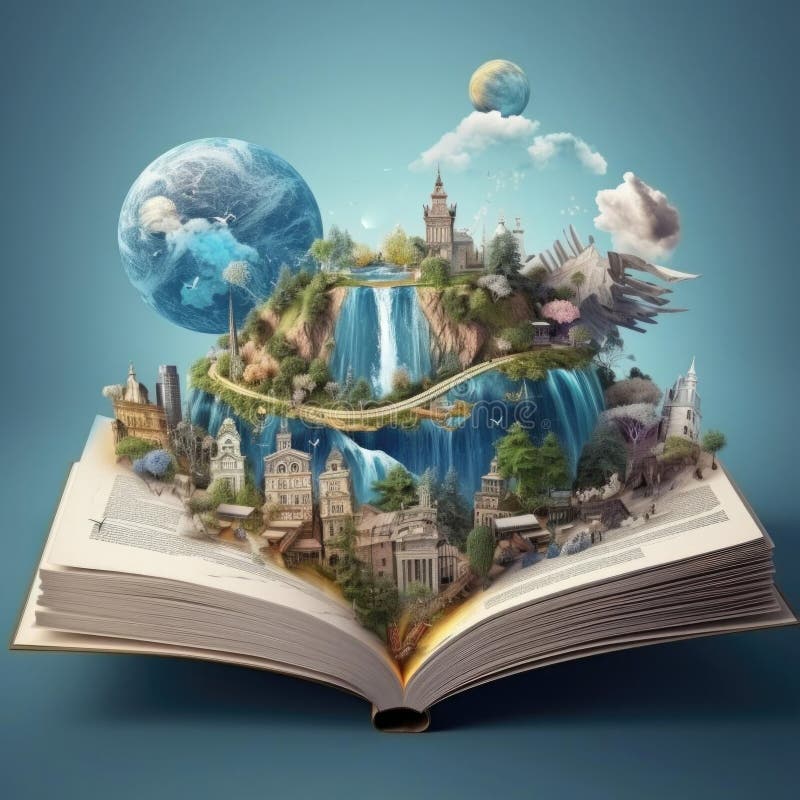 Open Magic Book Concept Open Pages with Water and Earth. Fantasy ...