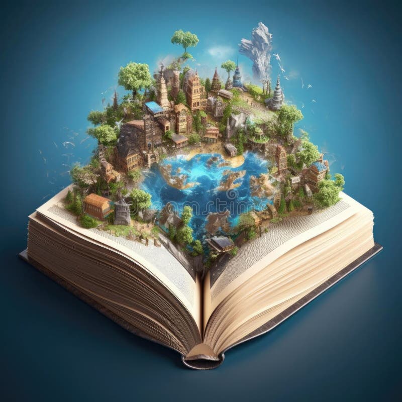 Fantasy Open Magic Book Concept with Green Landscape on a Book. Stock ...