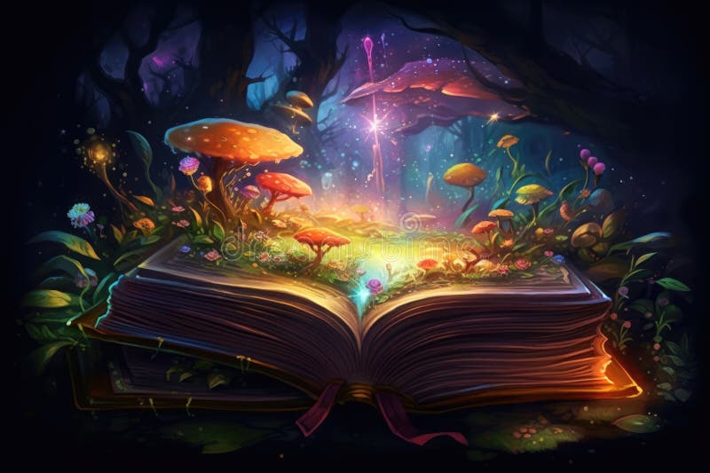 Open Magic Book on Dark Background Generative AI Stock Illustration ...