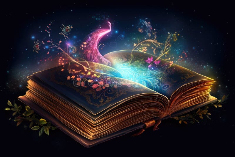 Open Magic Book on Dark Background Generative AI Stock Illustration ...