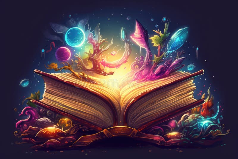 Open Magic Book on Dark Background Generative AI Stock Illustration ...