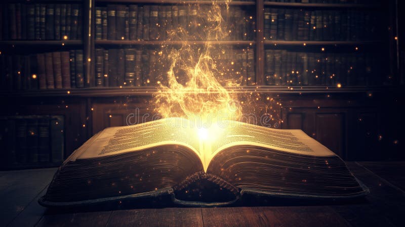 Open Magic Book Emitting Light in a Library Stock Image - Image of ...