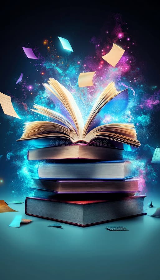 Open Magic Book with Flying Pages on Stack of Books, Blue and Purple ...