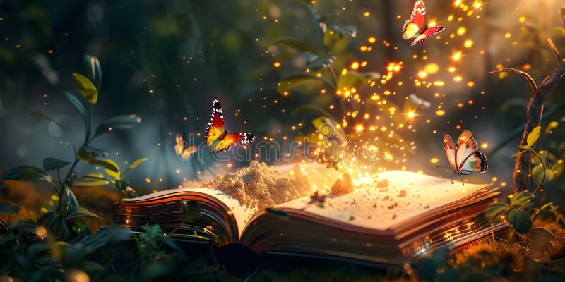 Open Magic Book with Growing Lights, Magic Powder and Butterflies ...