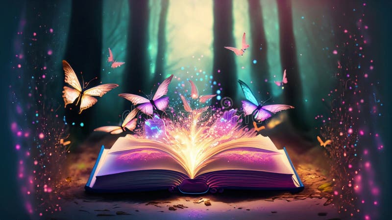 Open Magic Book with Growing Lights, Magic Powder, Butterflies. Stock ...