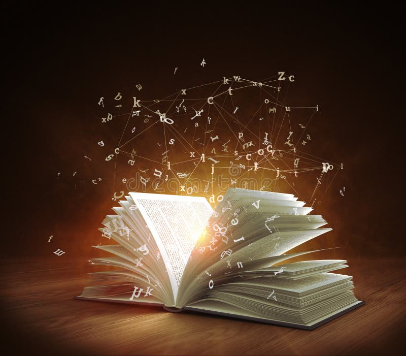 Open Magic Book with Magic Light and Flying Letters Stock Illustration ...