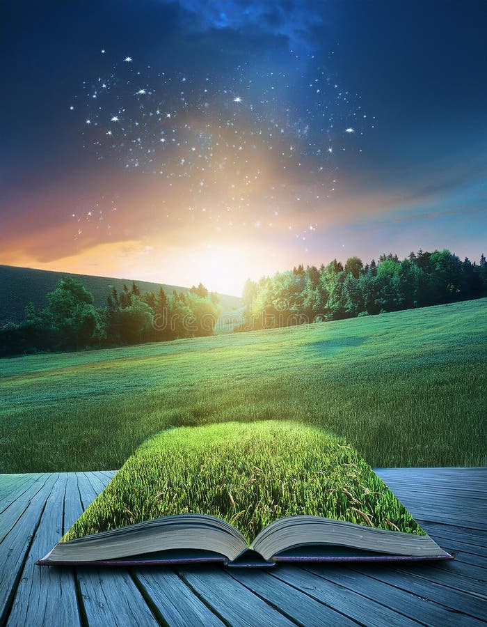 Open magic book of nature stock illustration. Illustration of field ...
