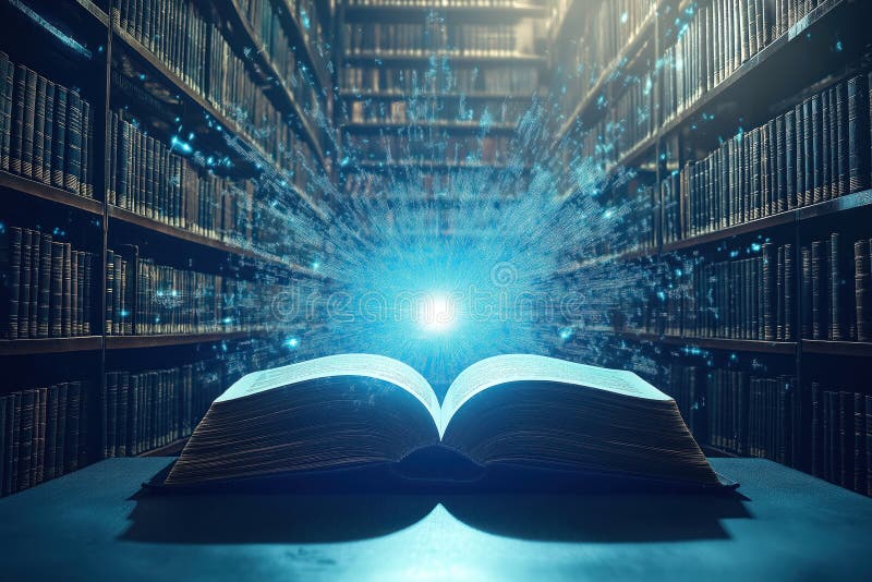 Open Magic Book Spreading Light and Particles in a Library Stock Image ...