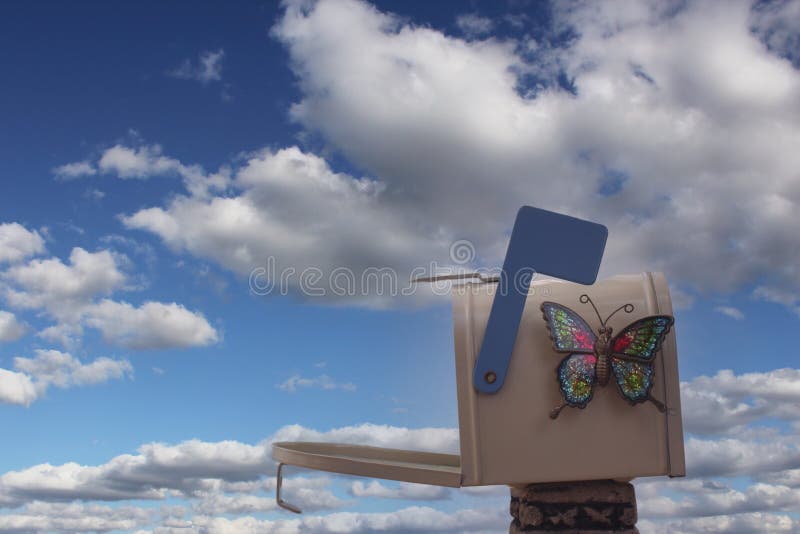 Open Mail Box with Flag Up and Blue Sky Background Stock Image - Image ...