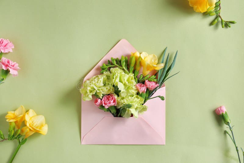 Open Mail Envelope with Flowers on Color Background Stock Image - Image ...