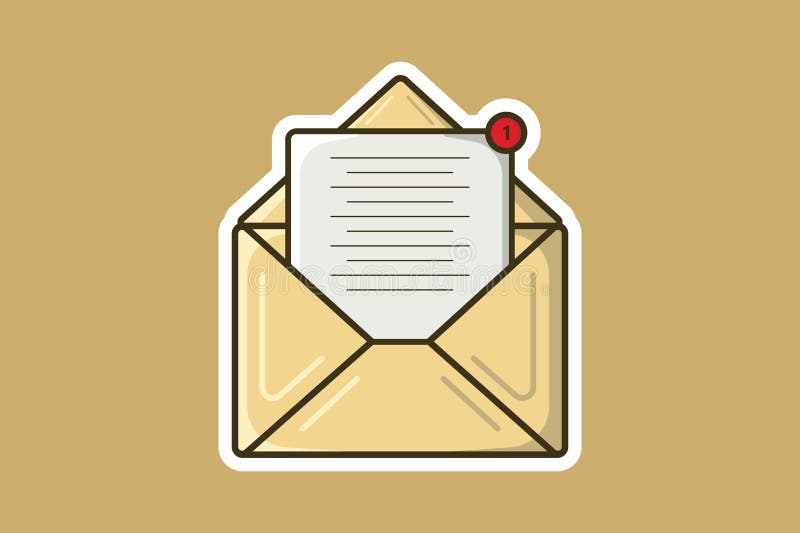 Open Mail Envelope with Paper Document and Notification Sticker Design ...