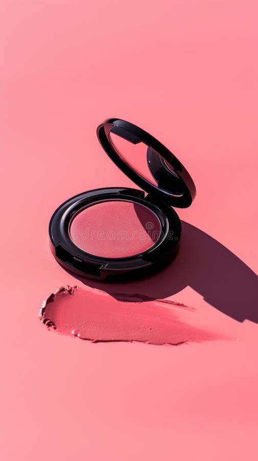 Open Makeup Compact with Pink Blush on Matching Pink Background, Close ...