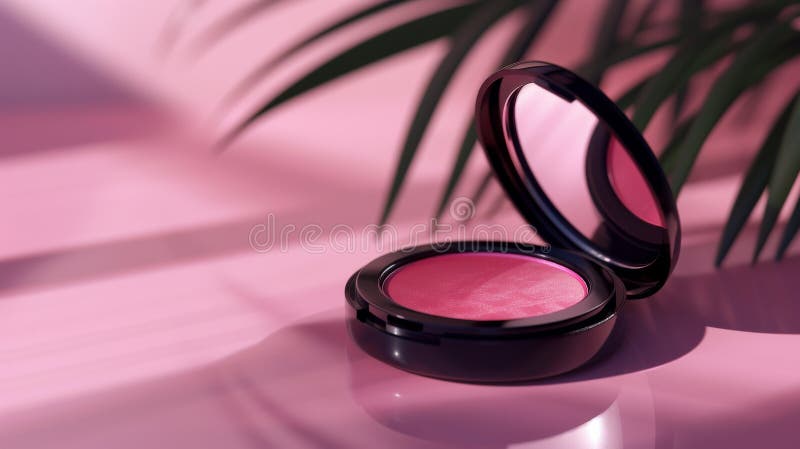 Open Makeup Compact with Pink Blush on a Pink Surface and Palm Shadows ...