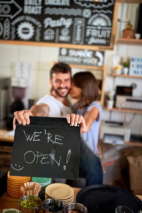 We are Open - Man and Woman Opening Their Store Stock Image - Image of ...