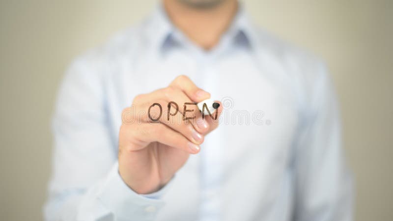 Open, Man Writing on Transparent Screen Stock Image - Image of emblem ...