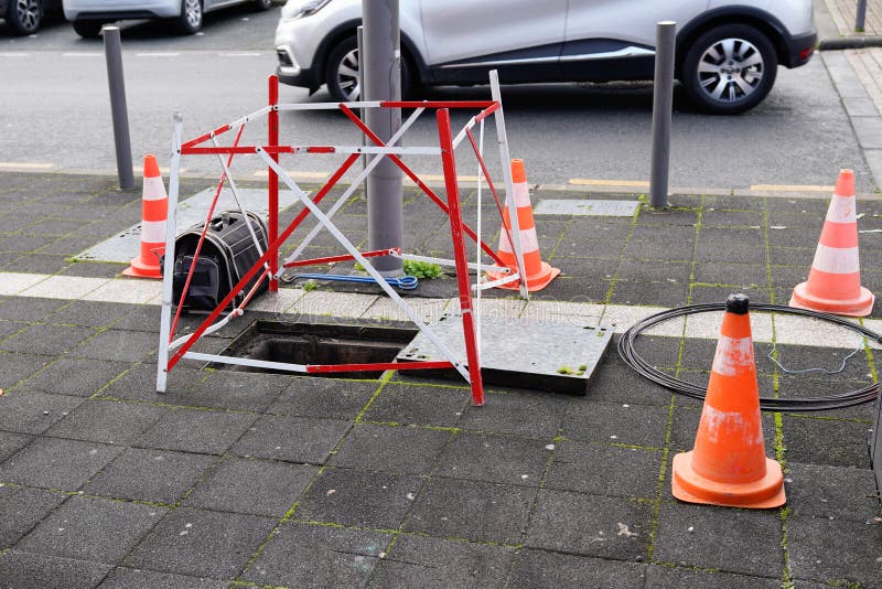Open Manhole with Few Cables Connection Internet Using Fiber Optic ...