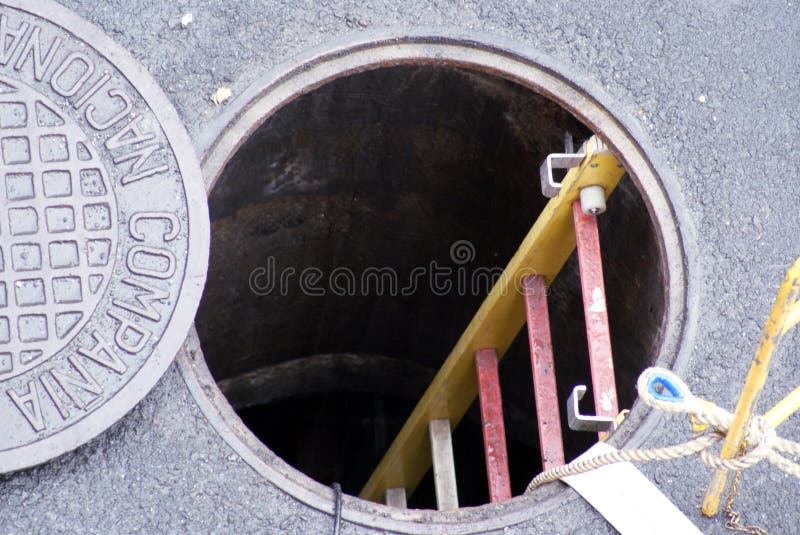 Open Manhole in the Ground with Ladder Going Down Stock Image - Image ...