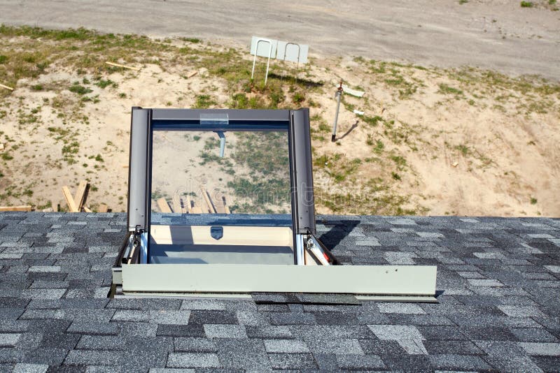 Open Mansard Window Skylight on the Asphalt Shingled Roof. Stock Image ...